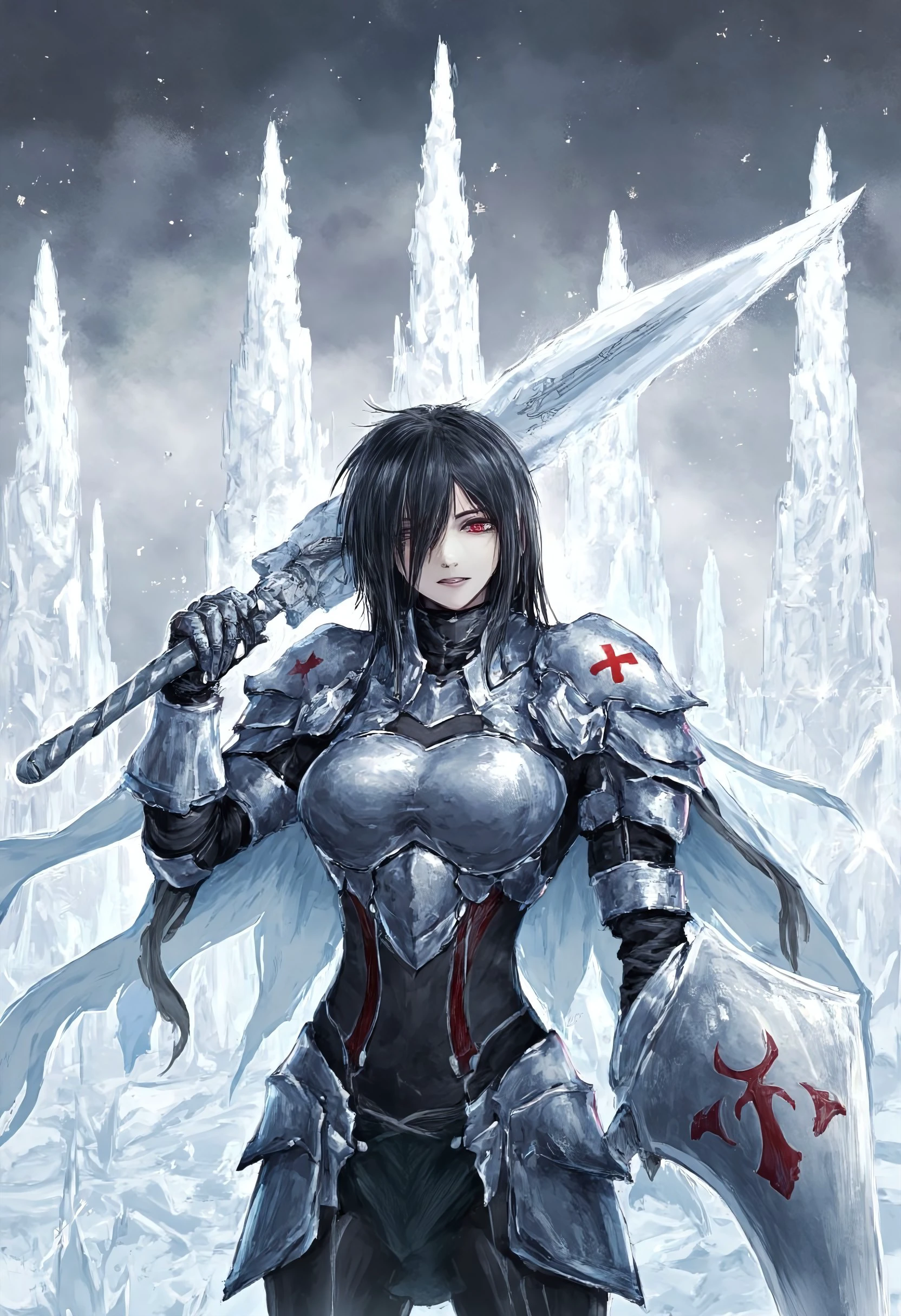 Digital image of a armoured woman with a frozen blade, her armour is ...