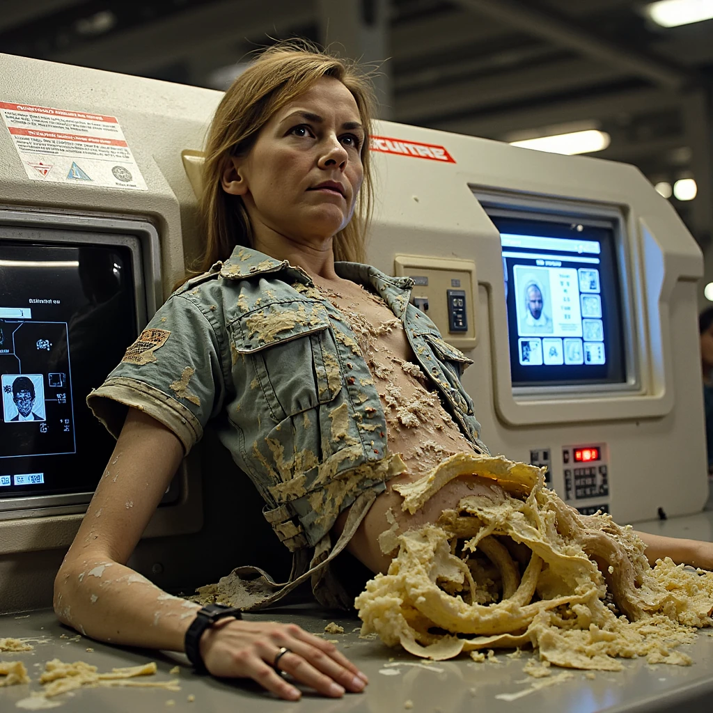 Imagine an image in the style of hyper-realistic horror. A female ...