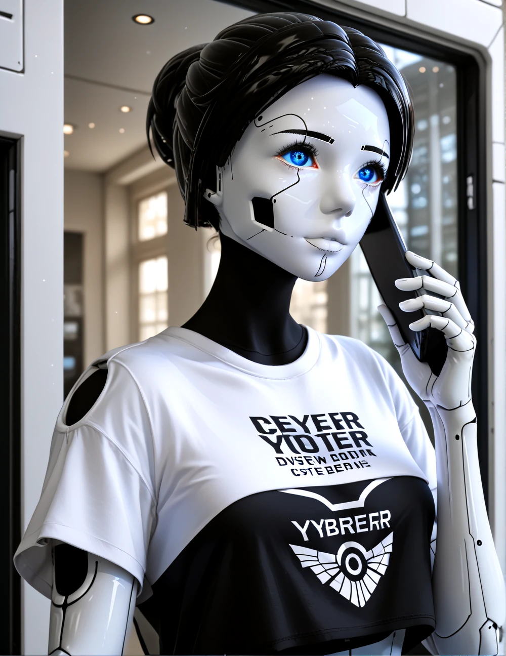 Cyber Girl, cyber body, standing, talking on a mobile phone, medium ...