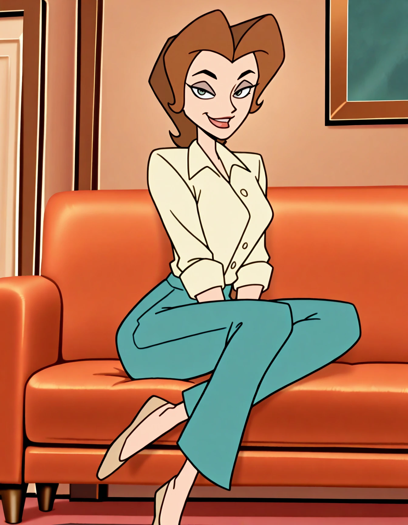 Cartoon of a woman sitting on a couch in a living room - SeaArt AI