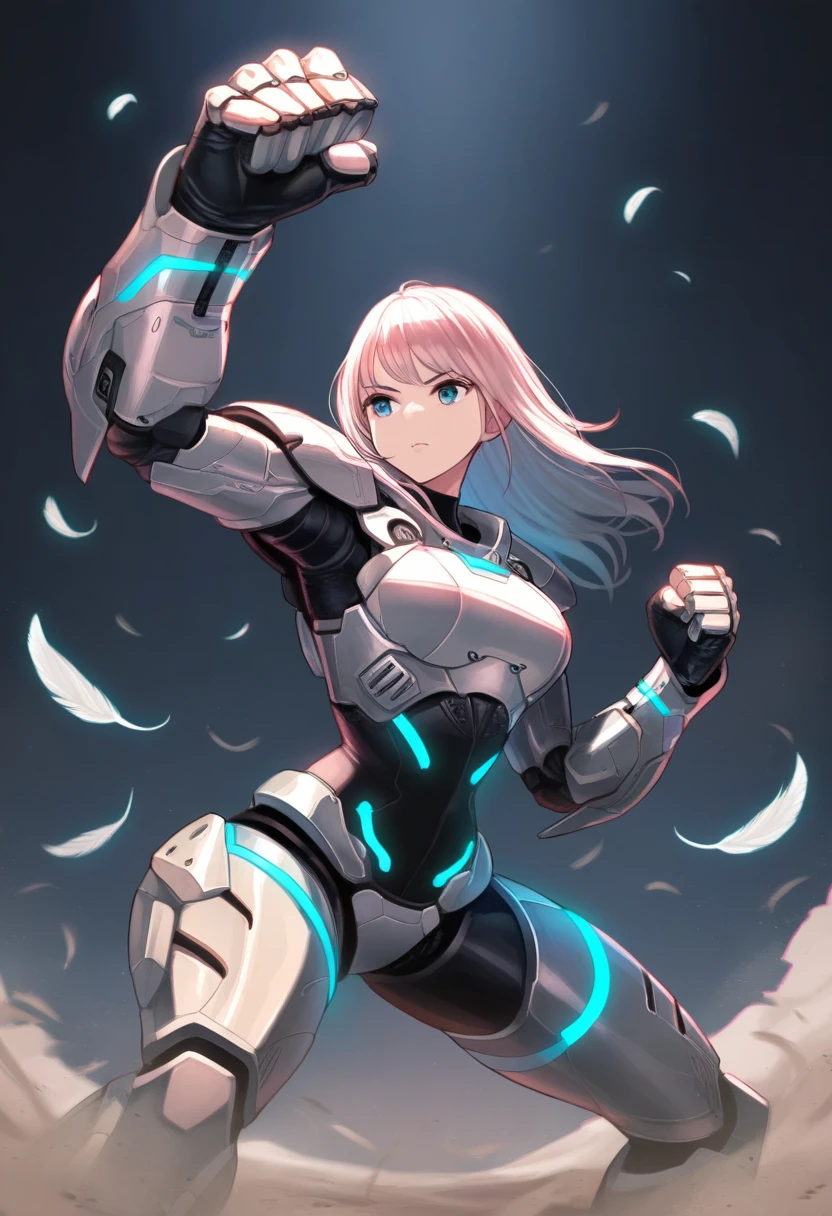 1girl, exoskeleton, armor, neon trim, raised fist, fighting stance ...