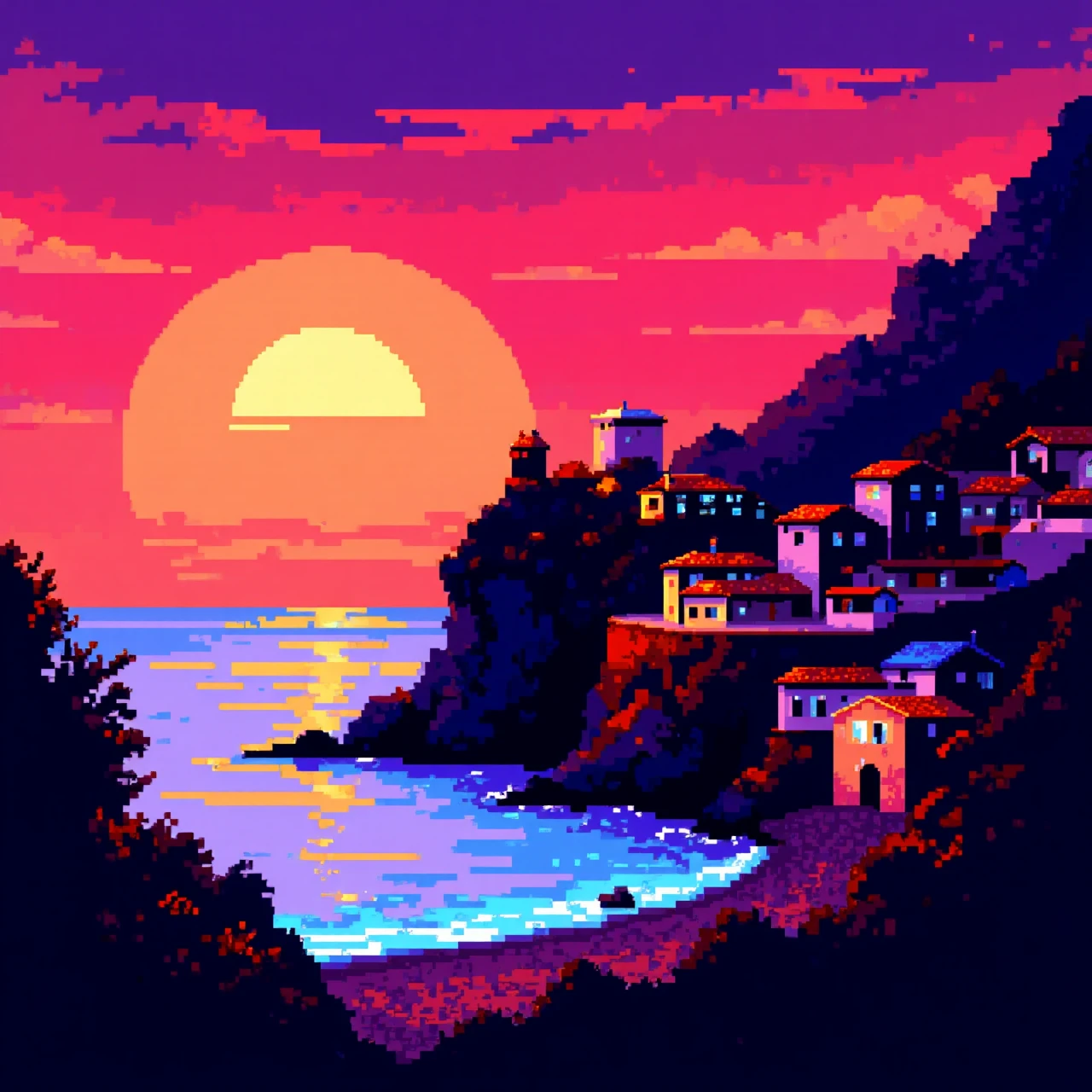 Pixelart style, a sunset at the spanish coast, a small spanish village ...