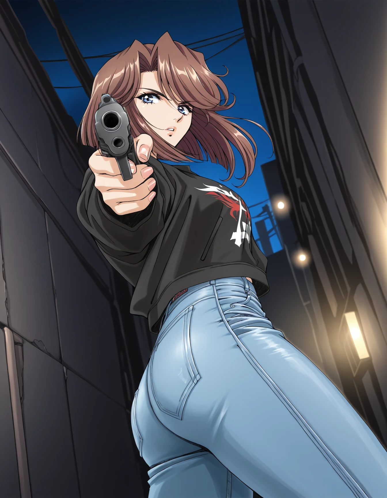 Anime girl with gun in hand pointing at camera in urban setting - SeaArt AI