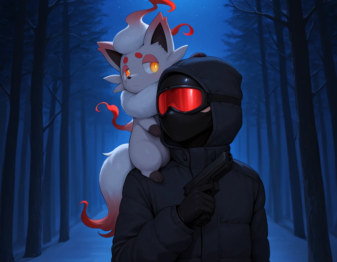 Duo: 1.4, syuro, feral hisuian zorua, human, walking in snowy forest ...