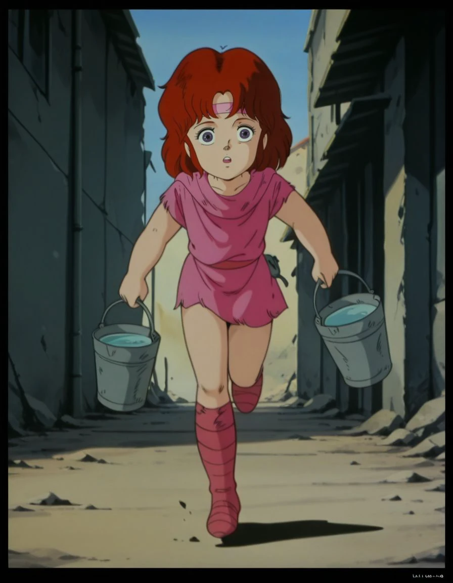 A woman in a pink dress carrying two buckets down a street - SeaArt AI