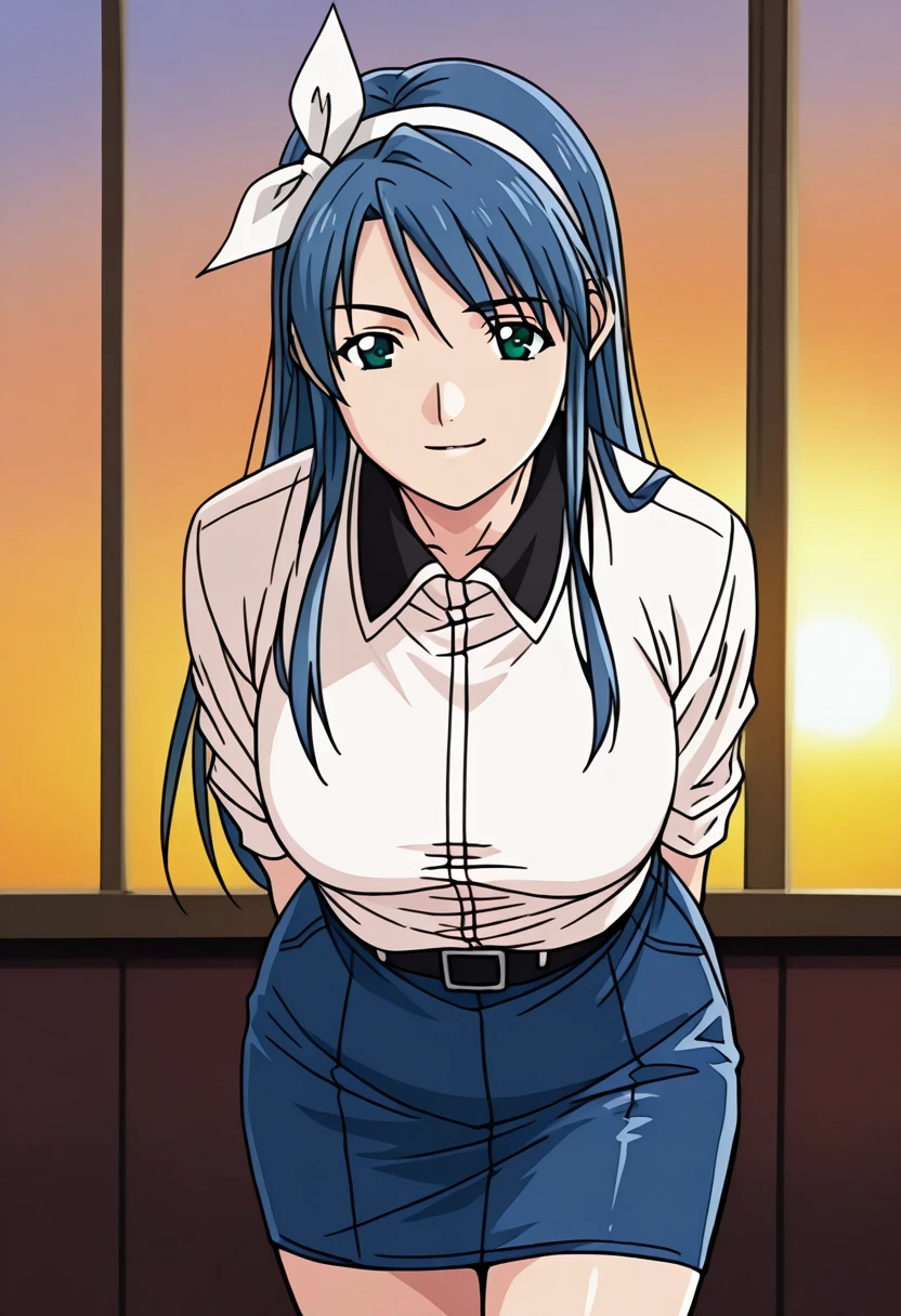 Anime girl with blue hair and a bow tie standing in front of a window ...