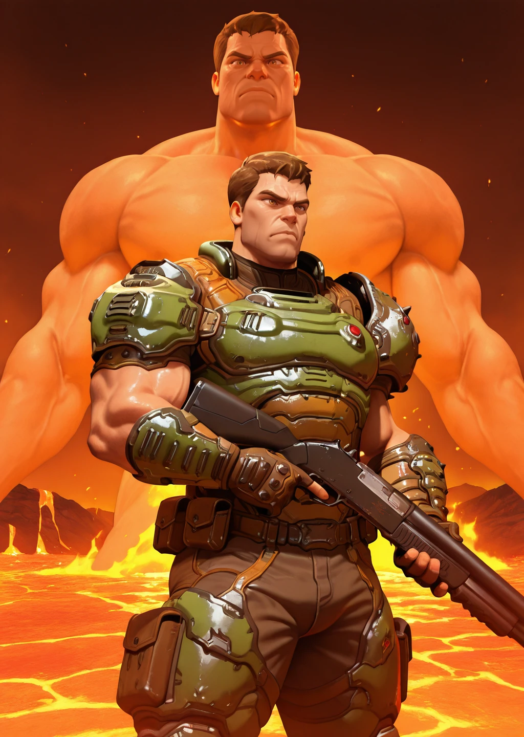 There is a man with a gun standing in front of a giant man - SeaArt AI