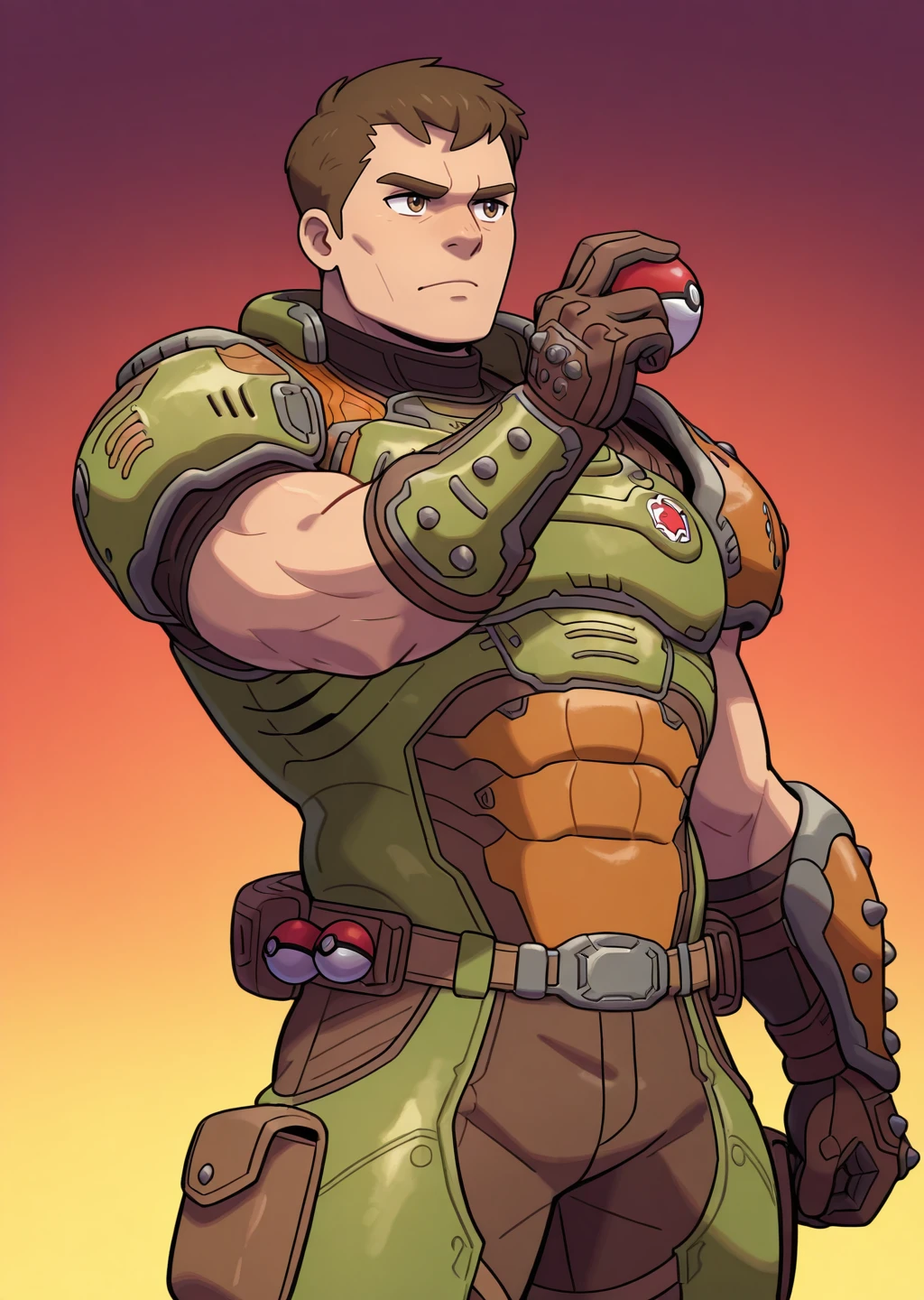 A cartoon of a man in a green and brown outfit holding a gun - SeaArt AI