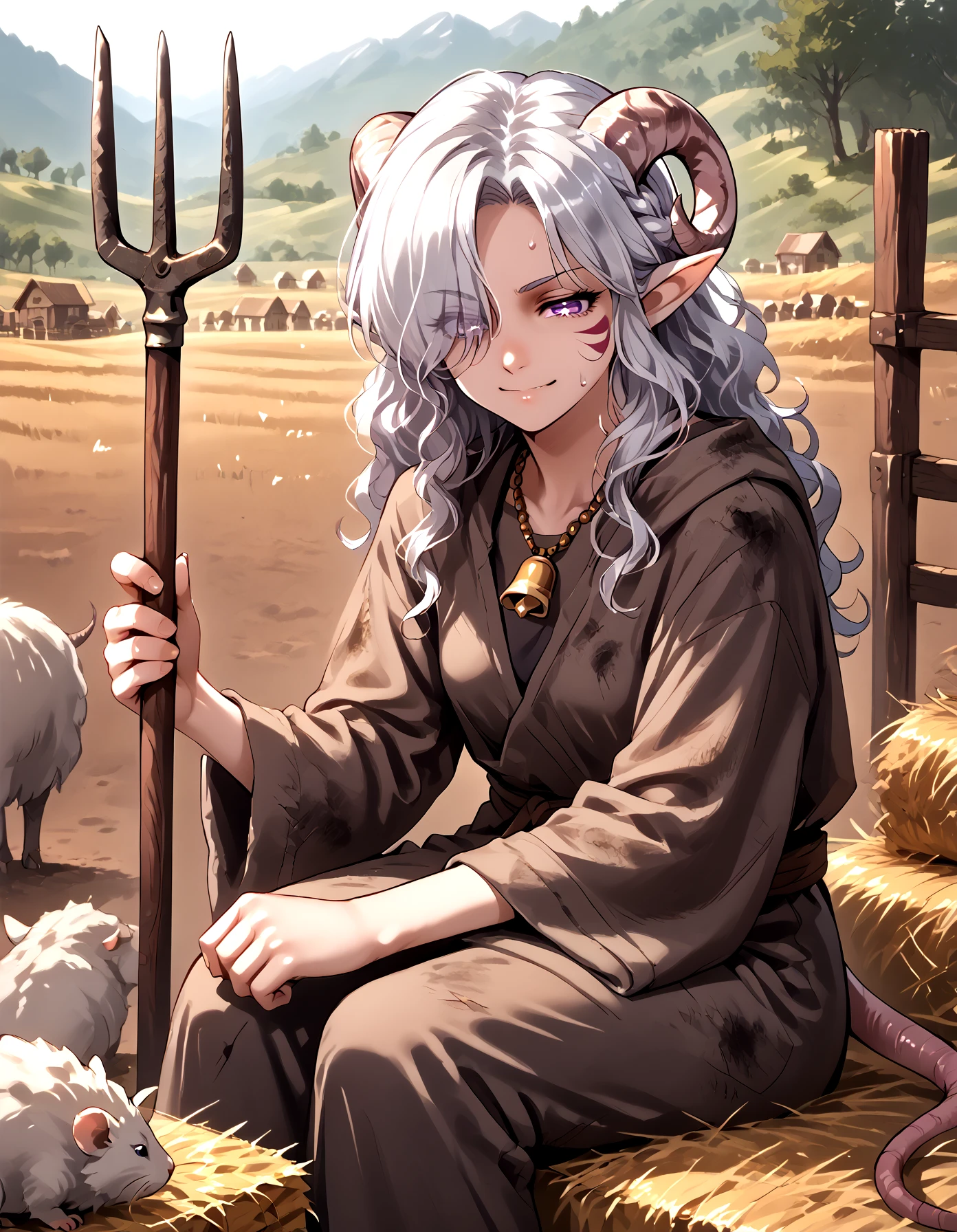 Anime character sitting on hay with sheep and goat in background ...