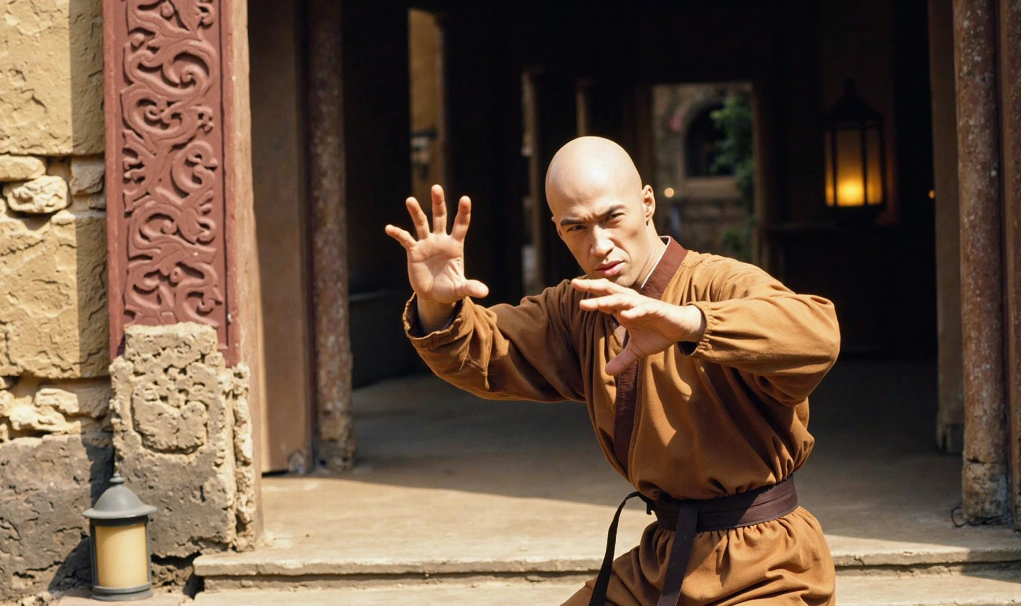 A bald David Carradine, dressed in a traditional Shaolin monk robe ...