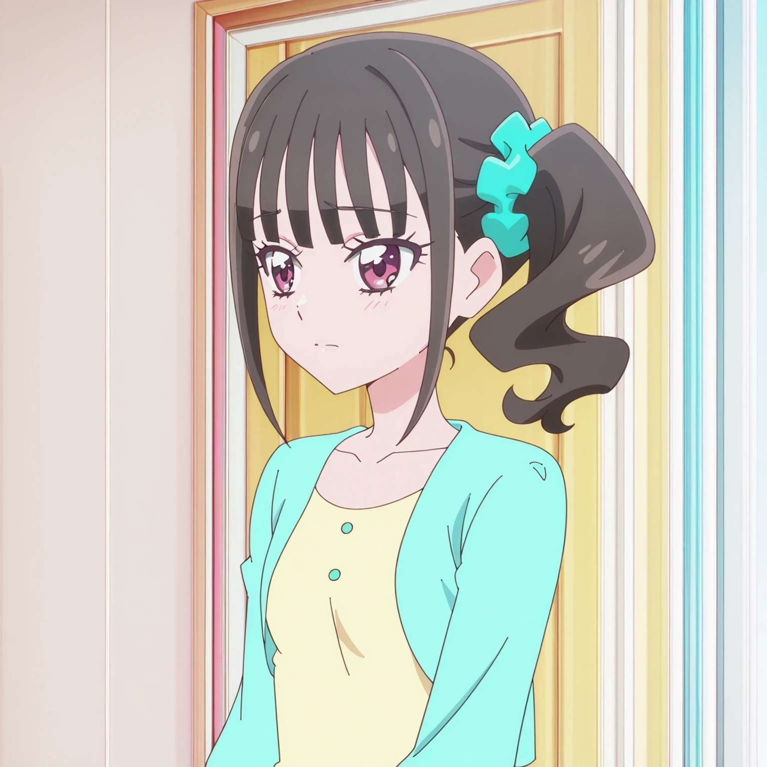 ポニーテールで黄色いシャツを着たアニメの女の子がドアの前に立っている - SeaArt AI