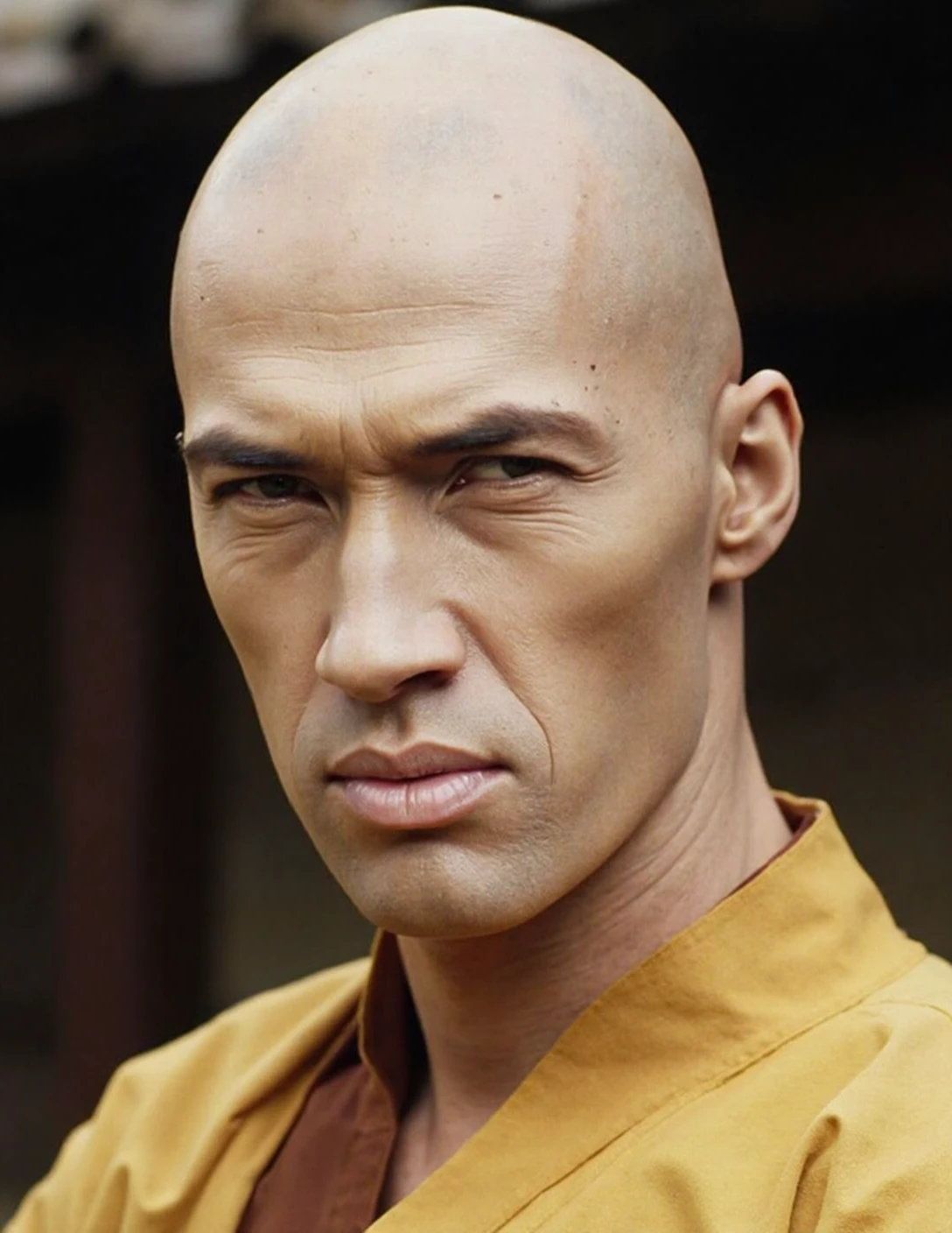 A bald Carradine with a serious expression on his face, shaolin monk ...