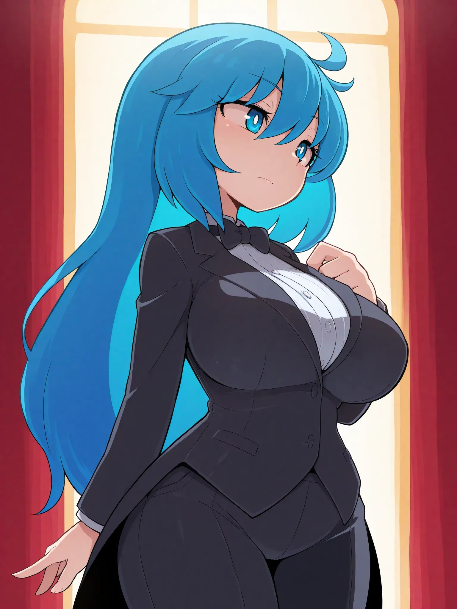 A close up of a woman in a suit with blue hair（aqua (konosuba)) - SeaArt AI
