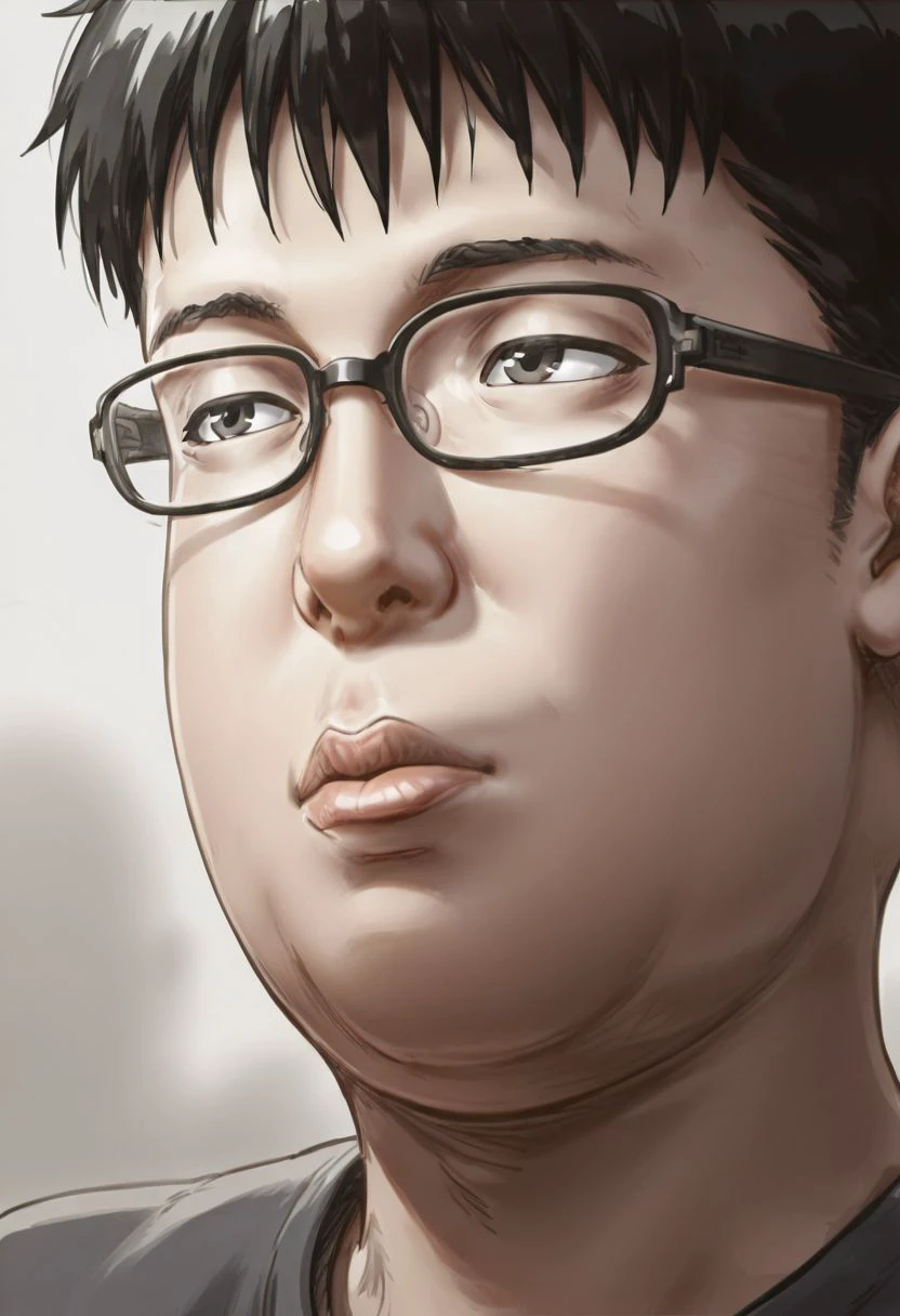 There is a man with glasses and a black shirt staring at something ...