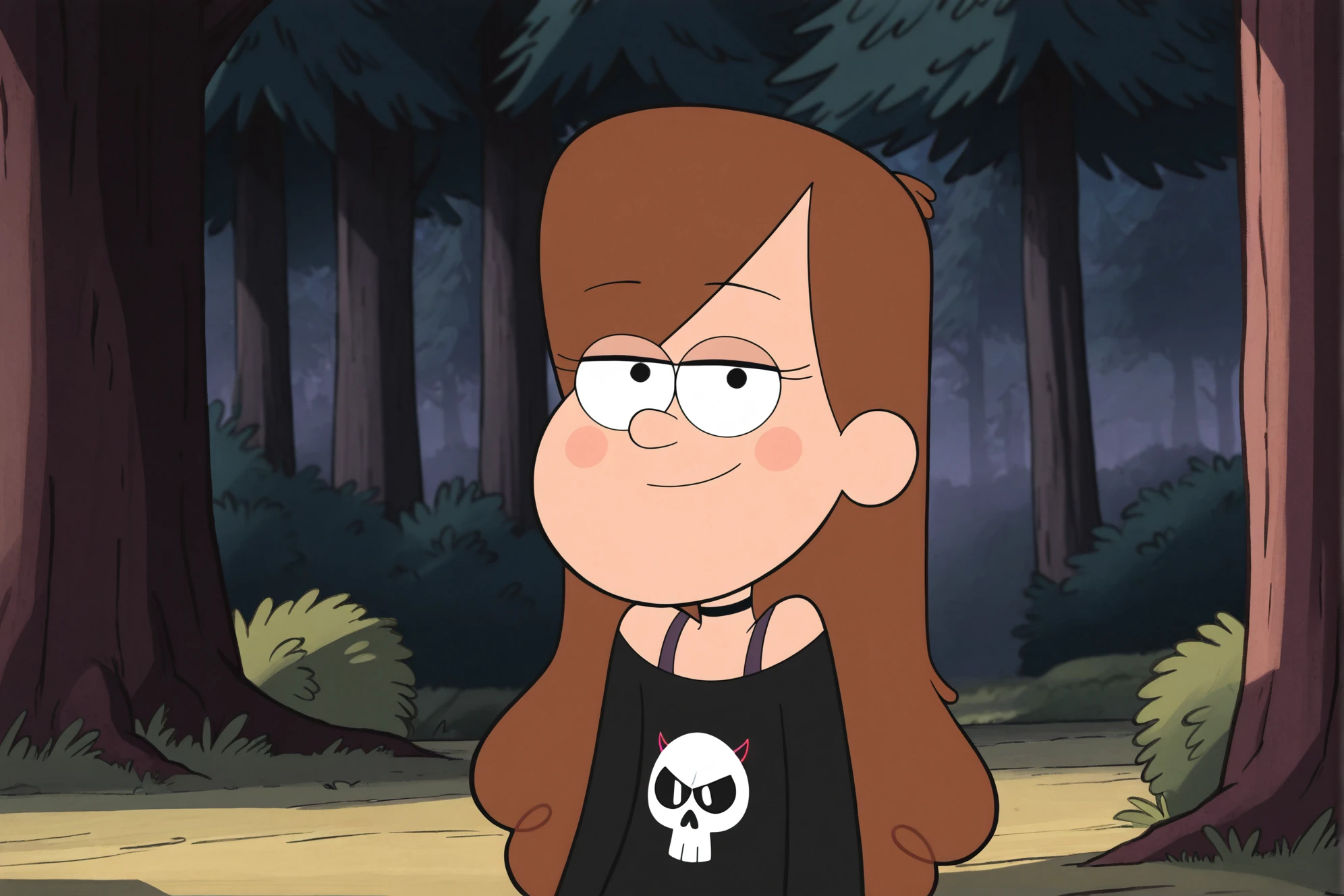 Cartoon girl with long brown hair and a skull t - shirt - SeaArt AI
