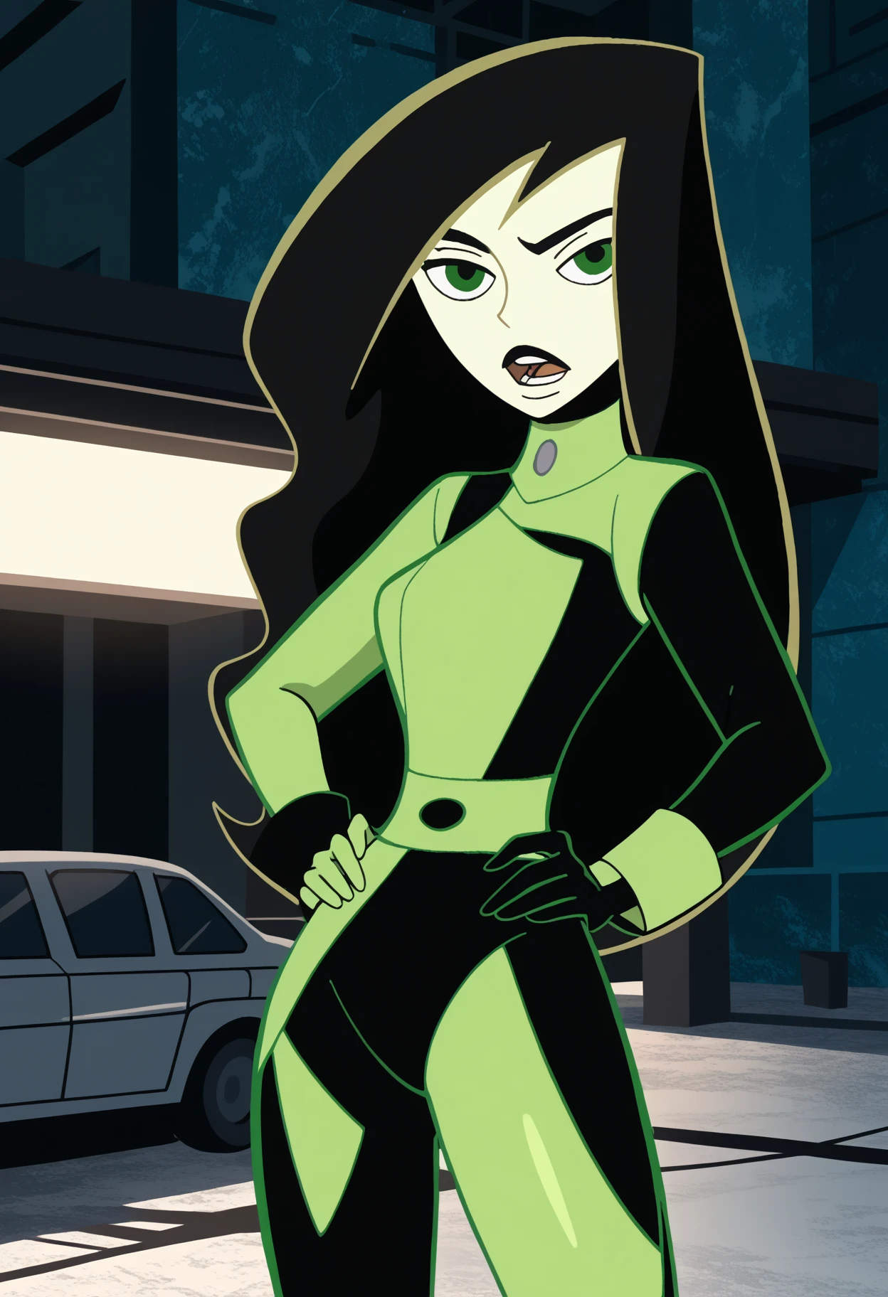 Cartoon of a woman in a green and black outfit standing in front of a ...