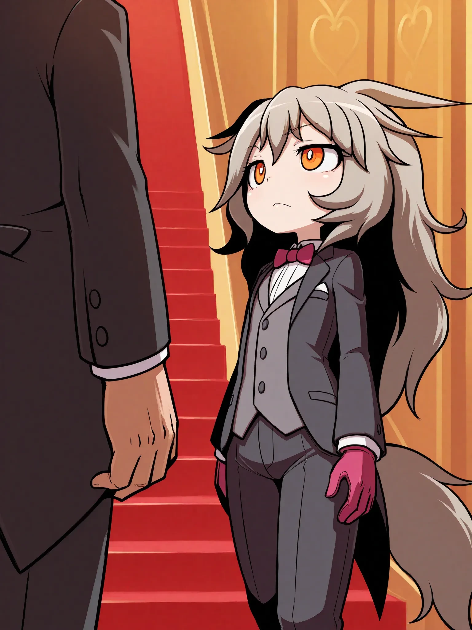 Anime character in a suit and tie standing next to a man - SeaArt AI