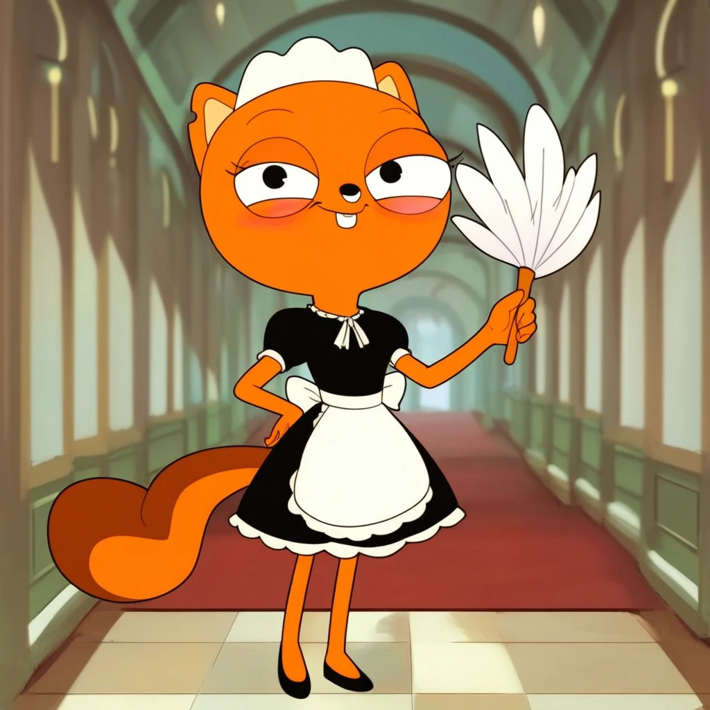 Cartoon cat in a maid outfit holding a feather in a hallway - SeaArt AI