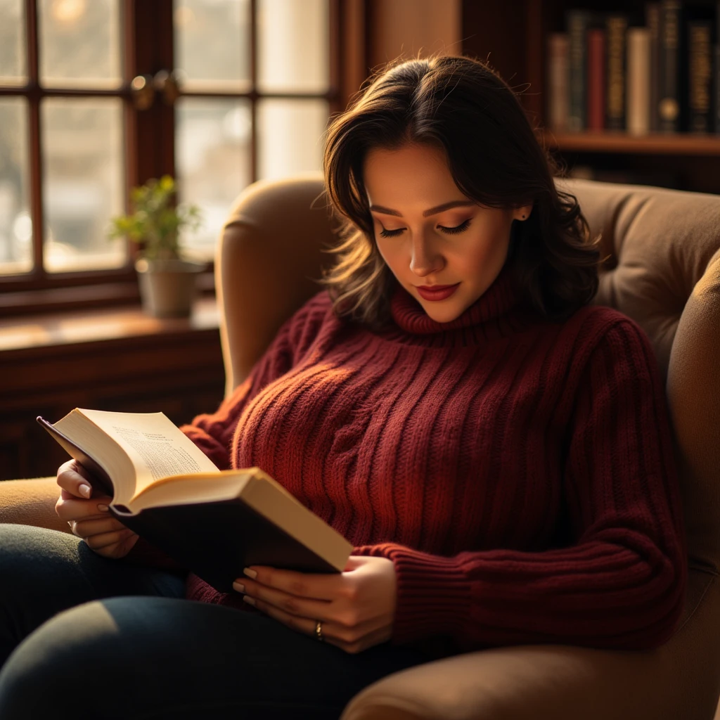 A cozy portrait of a woman engrossed in reading. It's a warm - SeaArt AI