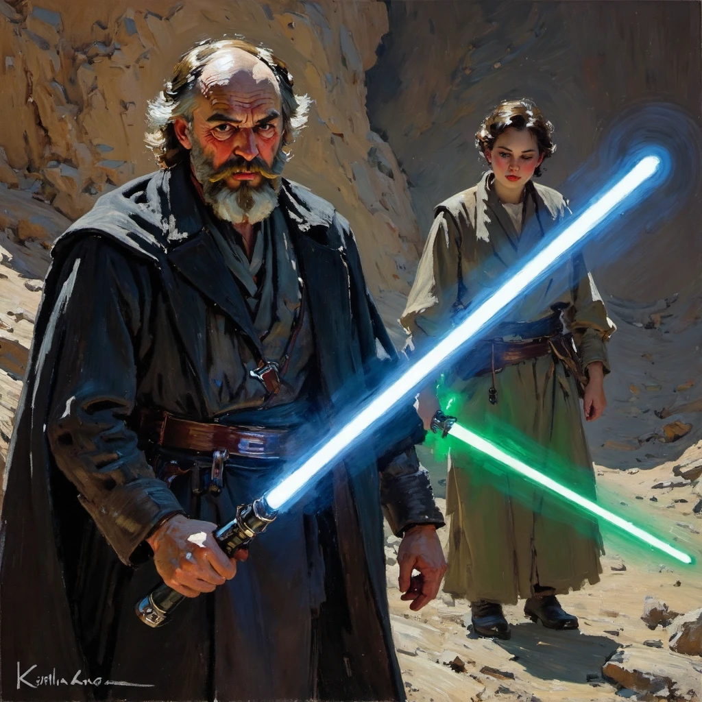 Painting of two men in jedian costumes with lightsabed swords - SeaArt AI