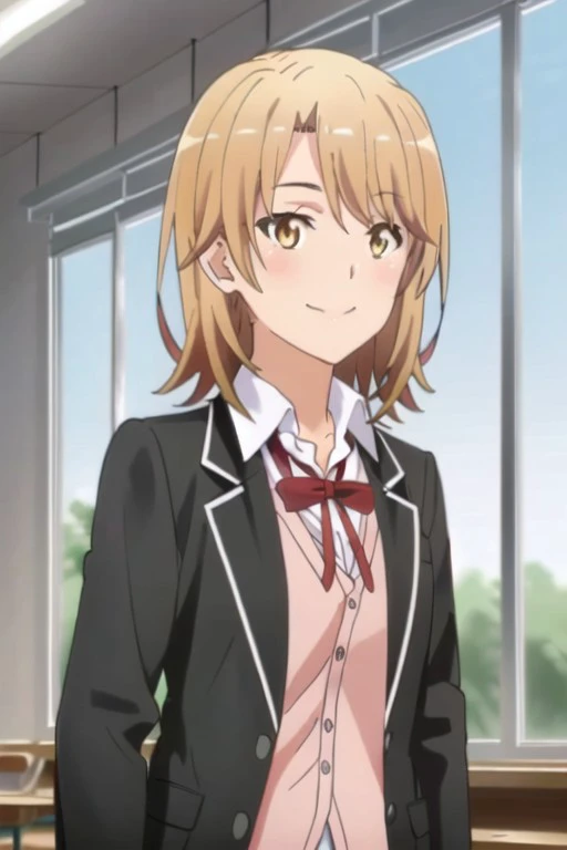 Anime image of a woman in a school uniform standing in front of a ...