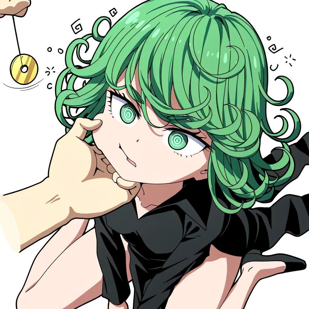 1girl, empty eyes, @ @, tatsumaki, grabbing another's chin, wariza - SeaArt AI