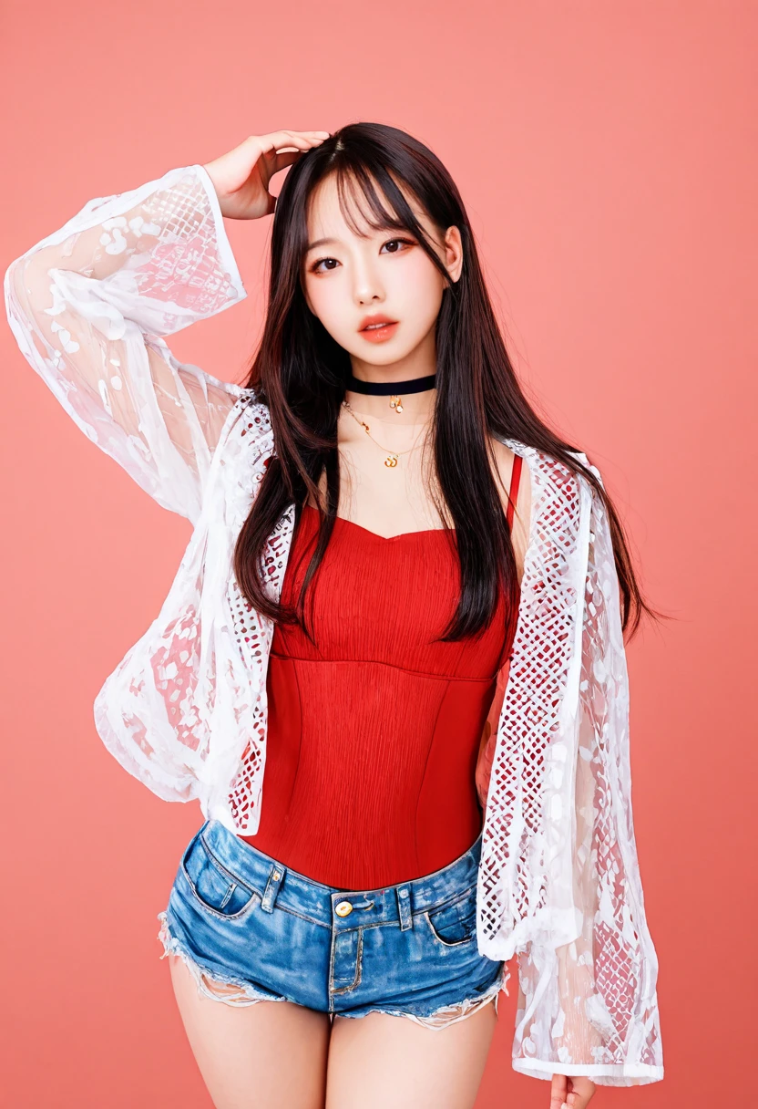 Araffe asian woman in red top and denim shorts posing for a picture ...