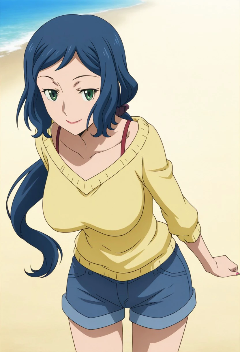 Iorrin, blue hair, low ponytail, mature female, green eyes, lower lip ...