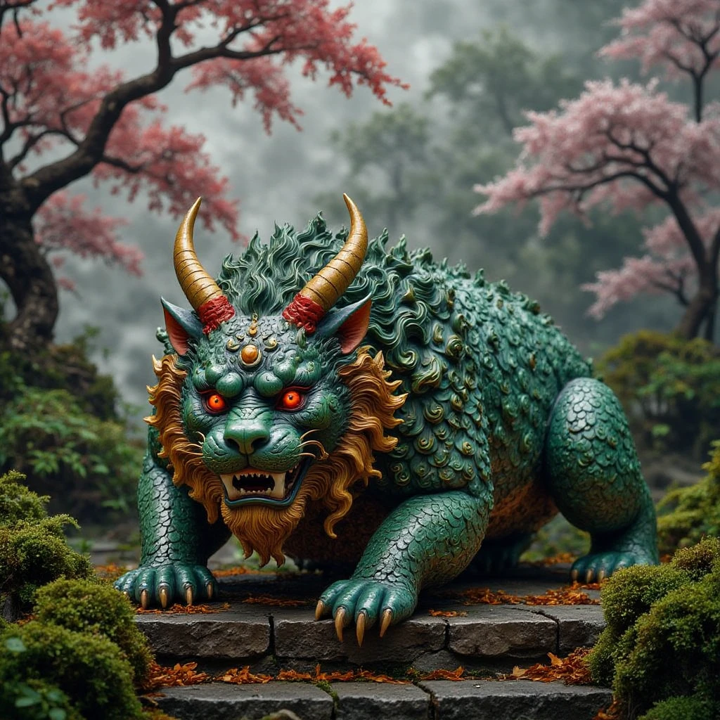 A jade shisa dog crawls up a mountain, cherry blossoms and beautiful ...