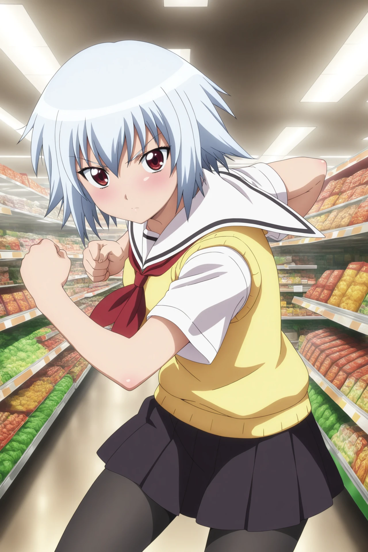 Anime girl in a supermarket aisle with a grocery cart in the background ...