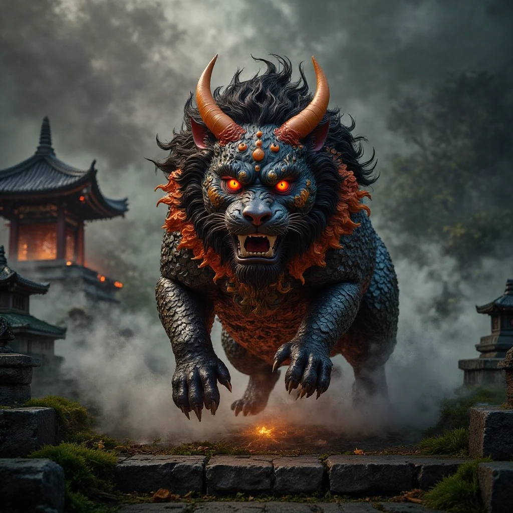 Shisadog a black and red shisa jumps toward the viewer, glowing enery ...