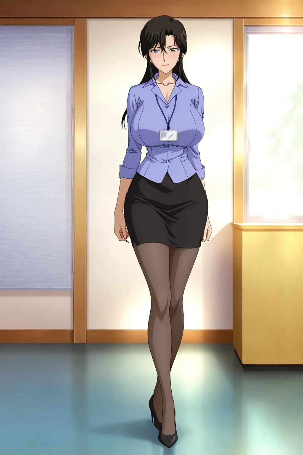 Anime woman in a skirt and shirt walking in a room - SeaArt AI