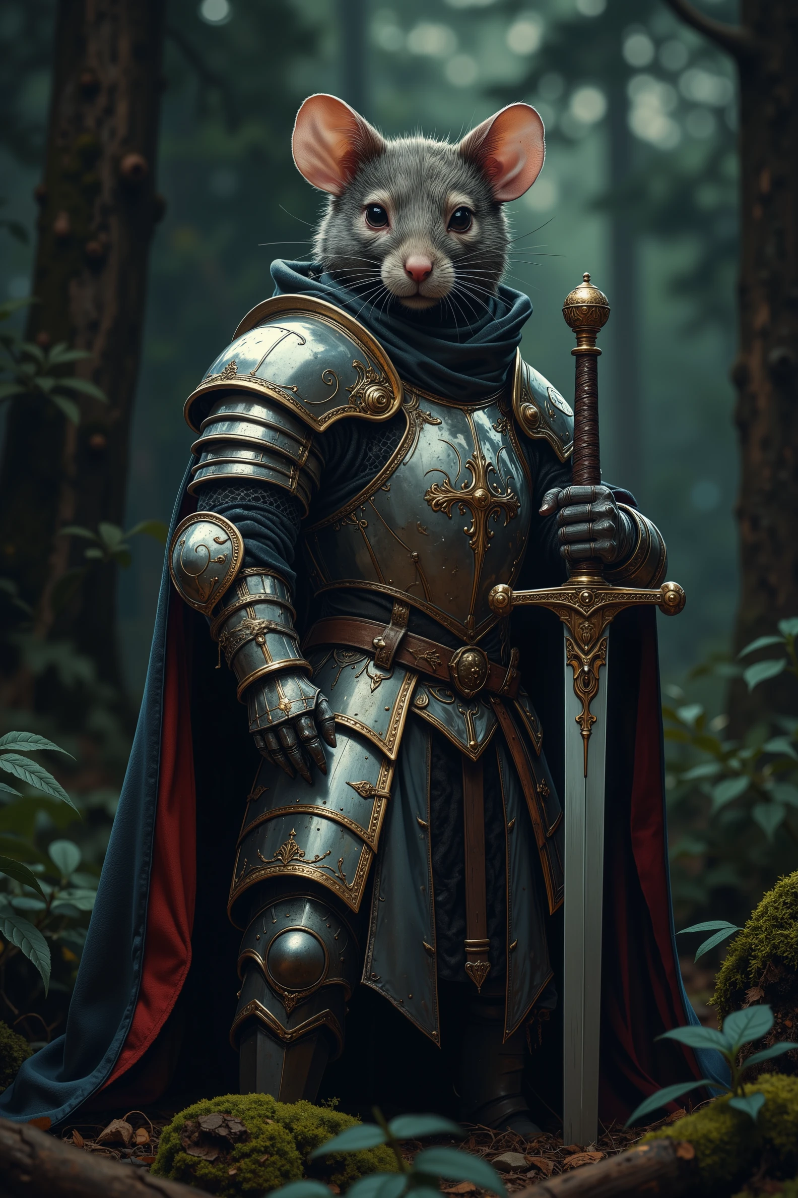 A mouse is a knight, wearing detailed ornate shiny silver armor and ...