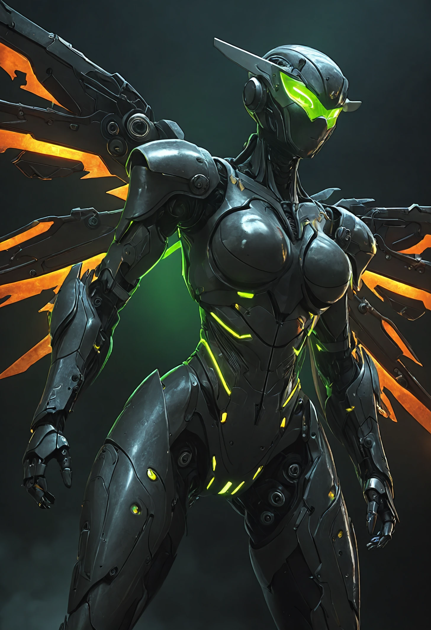 There is a robot with glowing wings and a sword in its hand - SeaArt AI