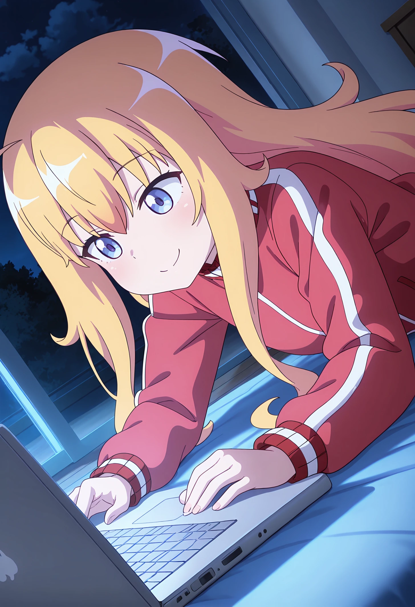Anime girl laying on bed with laptop in front of her - SeaArt AI