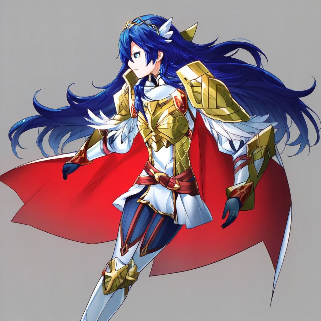 Anime - style image of a woman dressed in a golden armor and blue hair ...