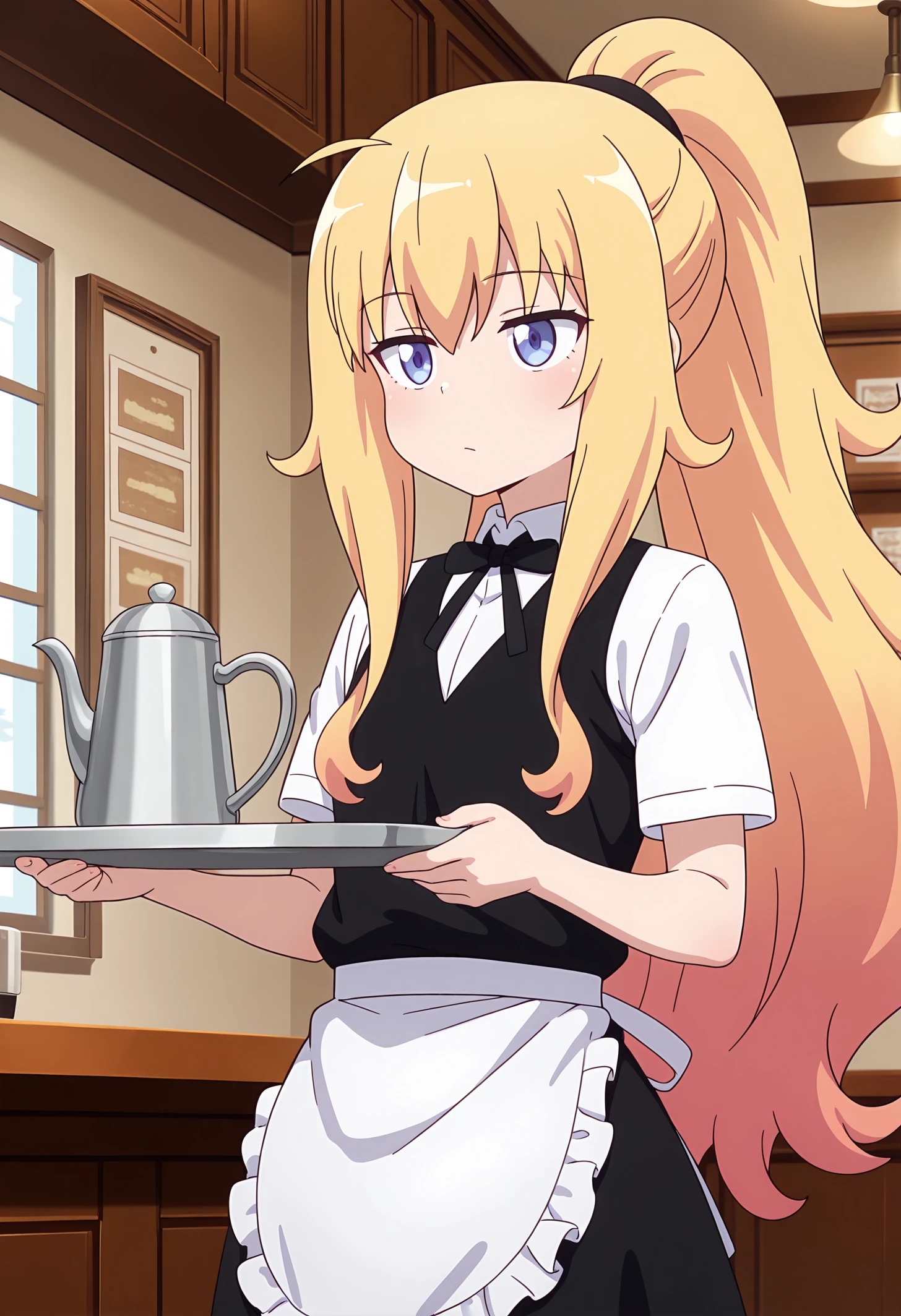 Anime girl in a kitchen holding a tray with a coffee pot - SeaArt AI