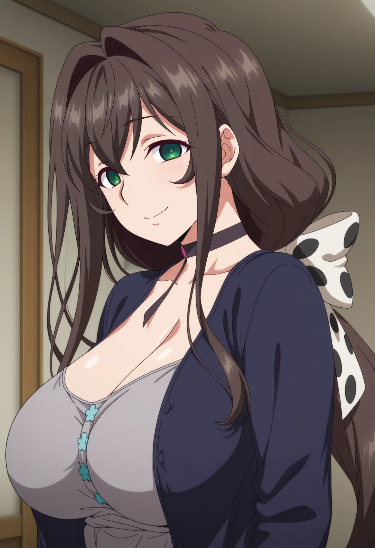 1girl,solo,mm,mature female,long hair,brown hair,green eyes,hair bow - SeaArt AI