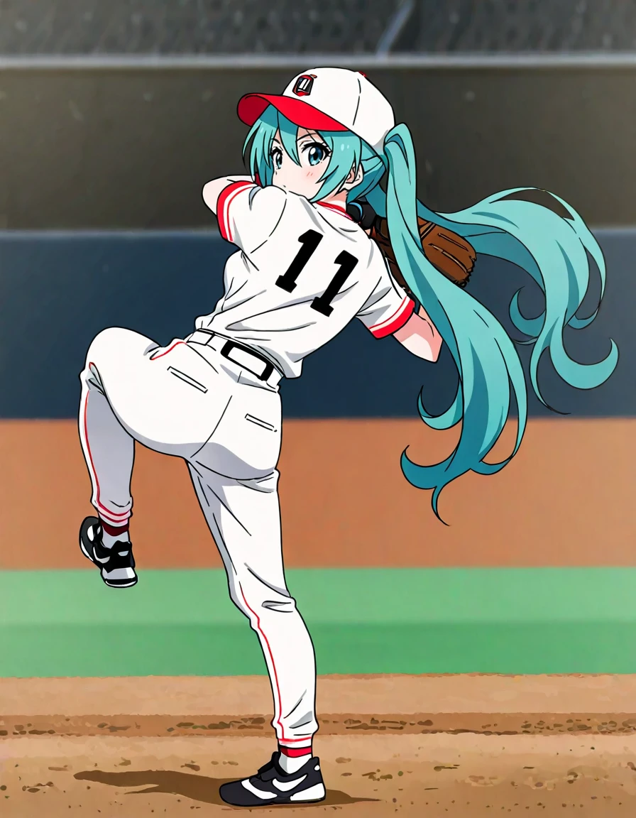 1girl, hatsune miku, solo, general, stadium, pitching mound, full body ...