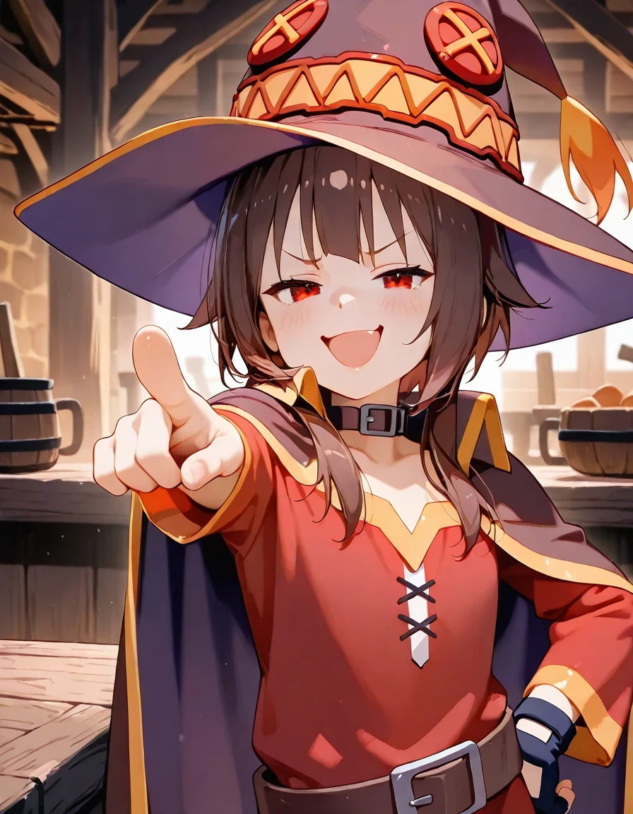 (megumin:.8), in a tavern, outstretched arm, pointing at viewer - SeaArt AI