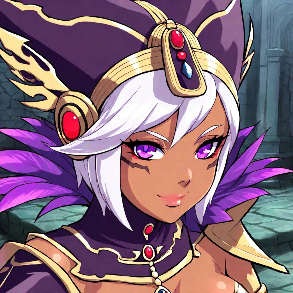 Cia \(hyrule warriors\), dark skin, white hair, solo, 1girl, purple ...