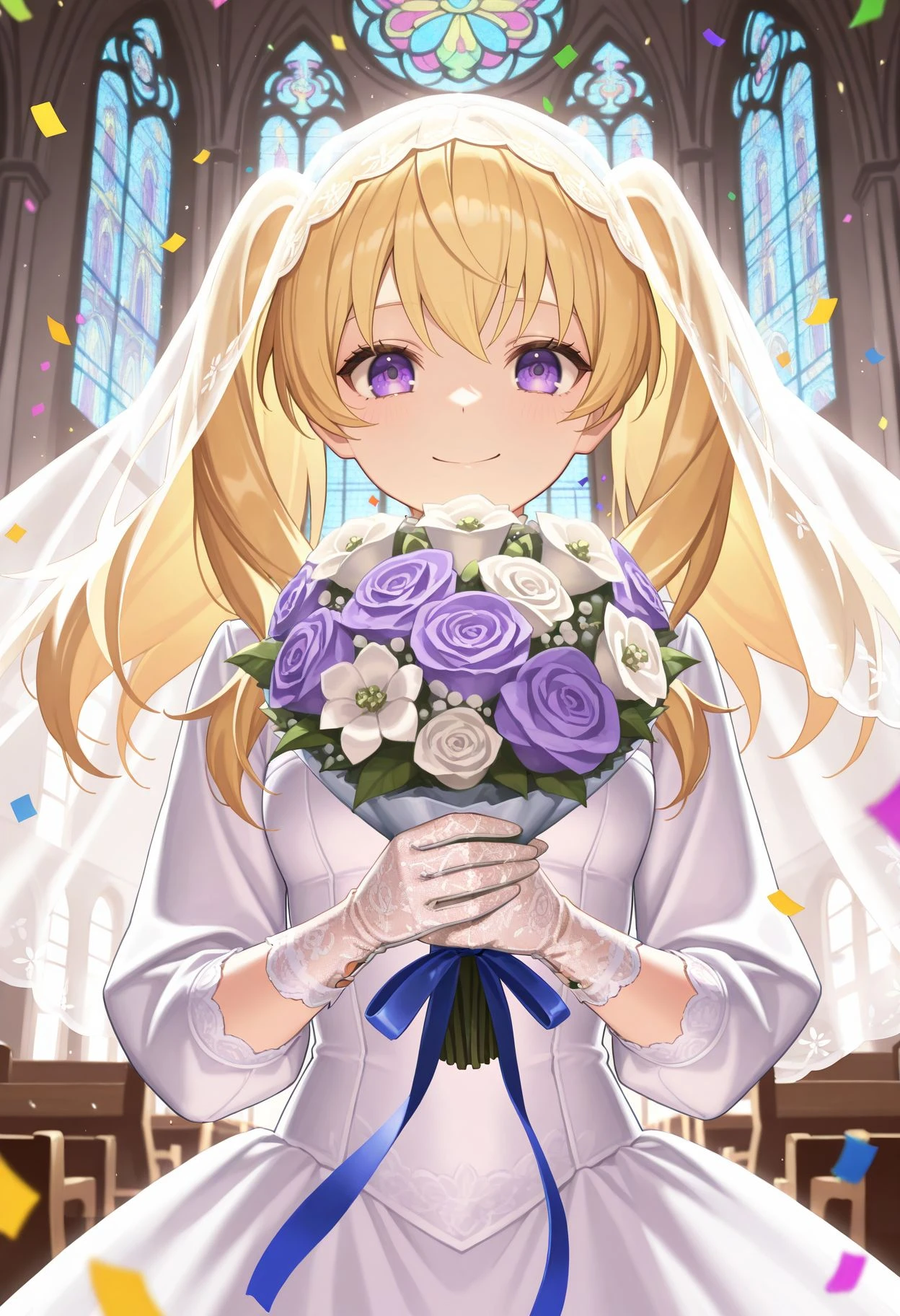 Anime wedding dress with veil and flowers in front of a church - SeaArt AI