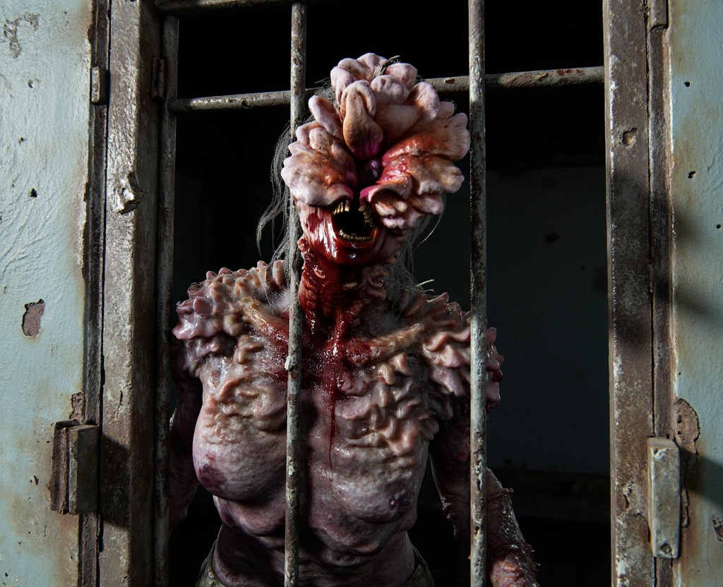 "A decrepit clicker zombie is caged behind a cell door, its decaying ...