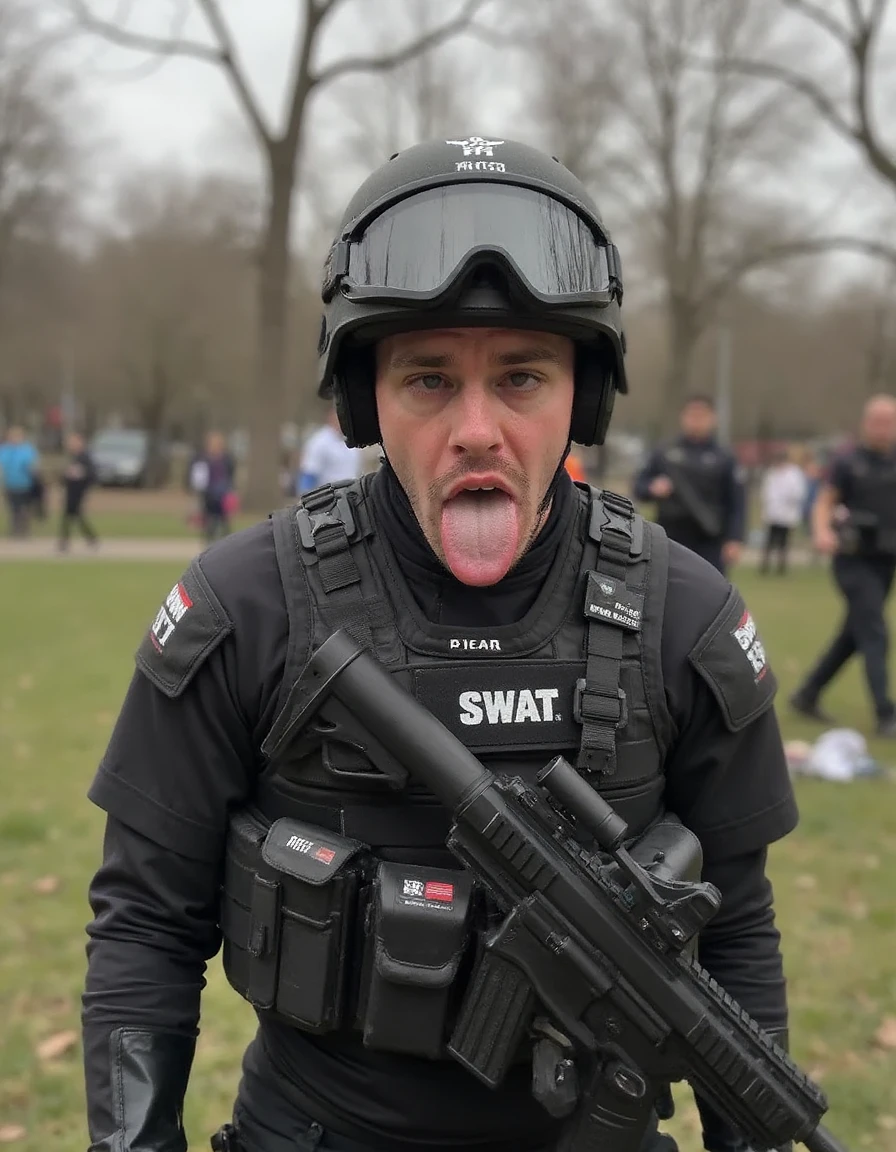 Gooner face, gooning, tongue out, dressed with swat gear outside in the ...