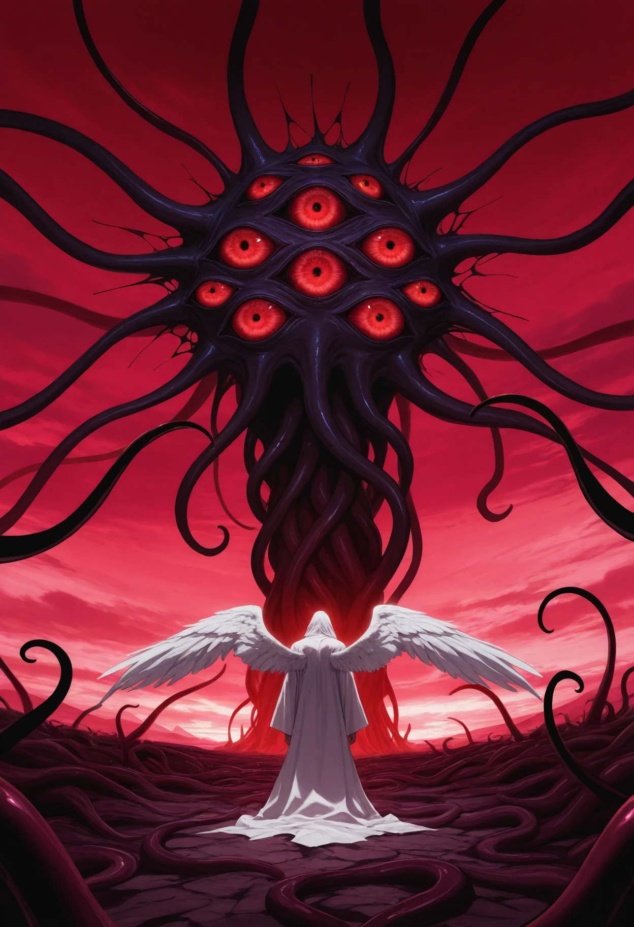 N0va, from behind, 1boy, solo, angel wings, white robes, eldritch ...