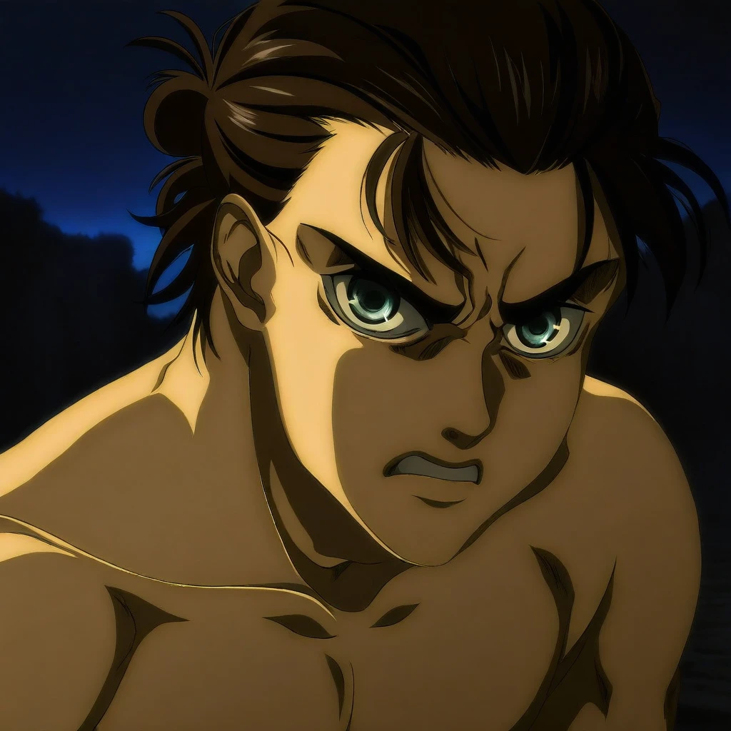 A close up of a man with a very big face（eren yeager) - SeaArt AI