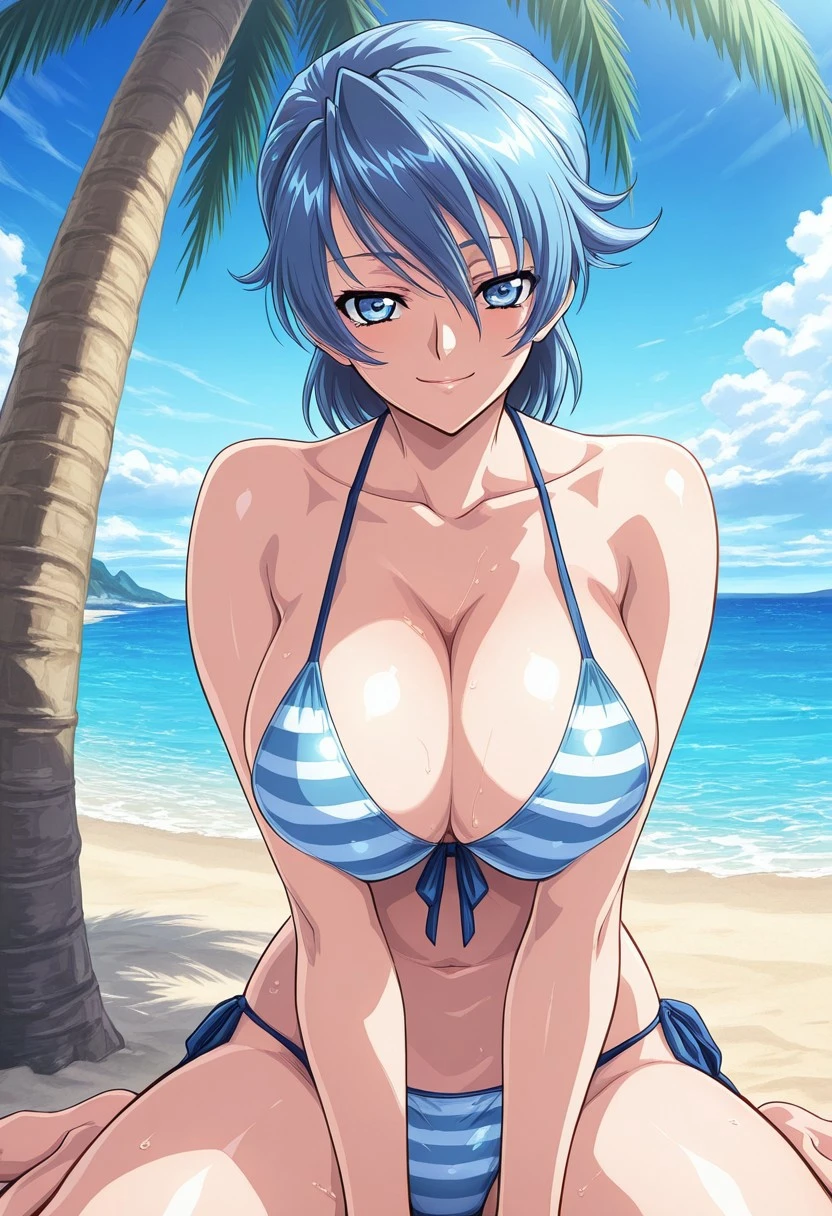 A woman in a bikini sitting on a beach next to a palm tree - SeaArt AI