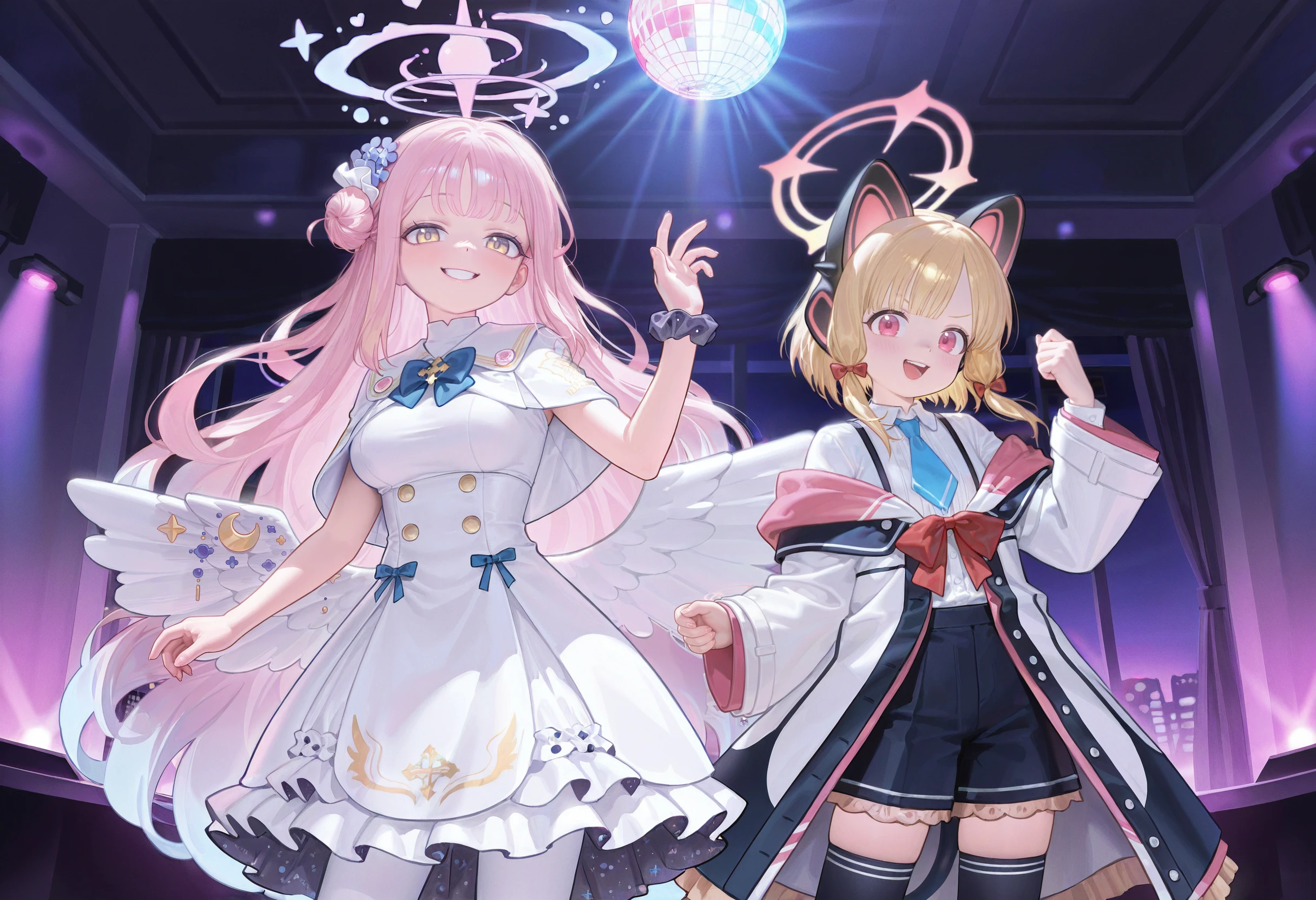 2girls, dancing, smug, indoors, club, disco ball, looking at viewer ...