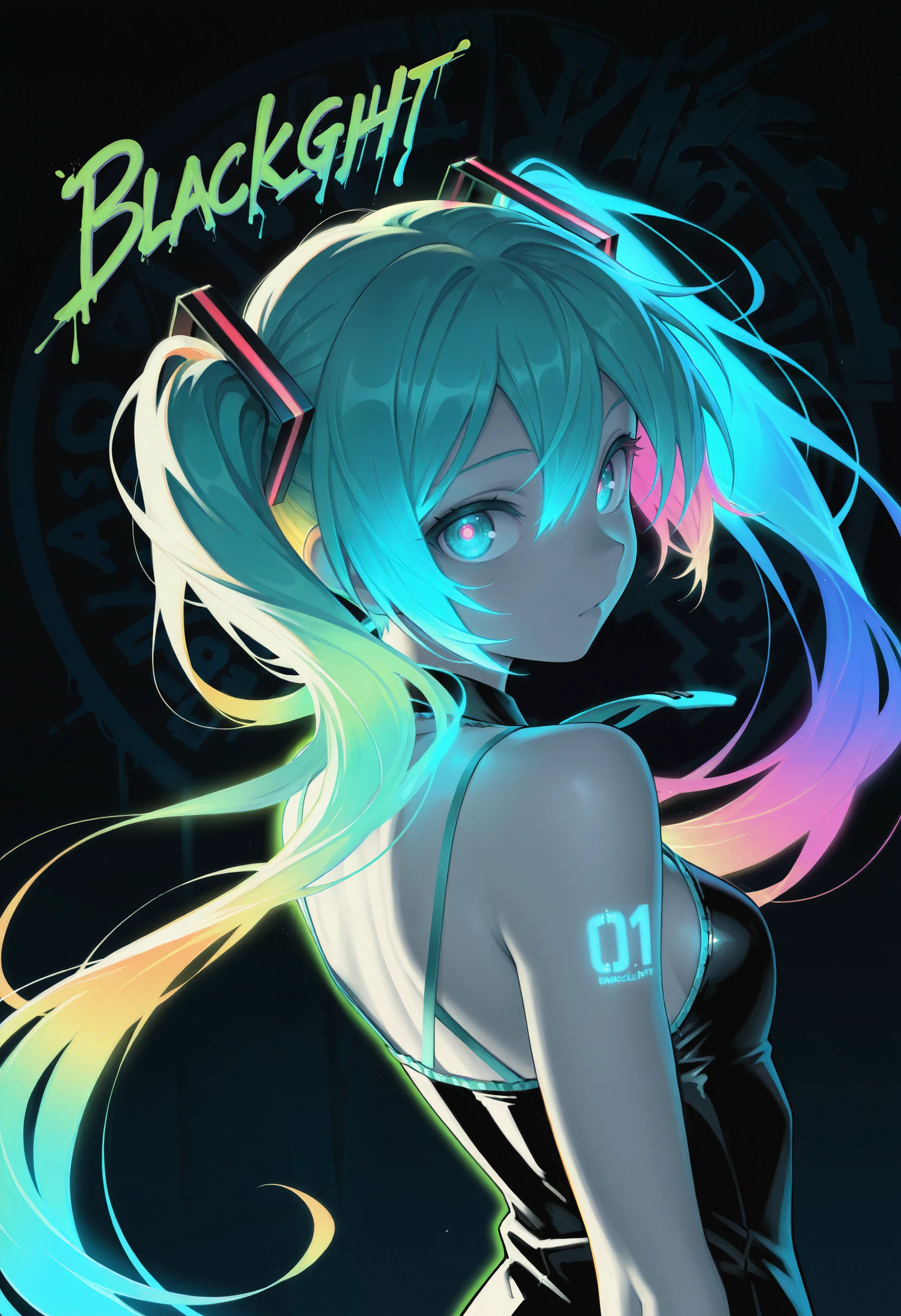 Hatsune Miku, (limited palette:1.2), black background, colorful - SeaArt AI