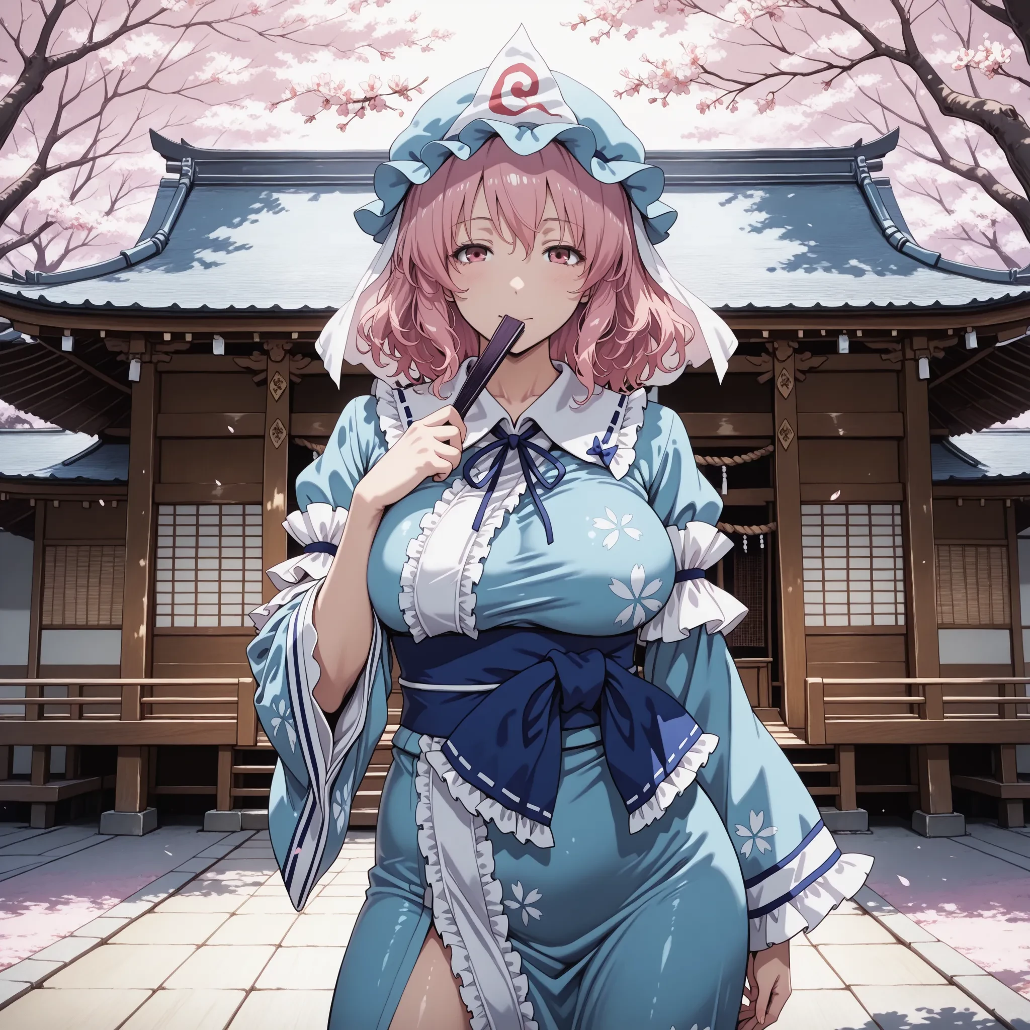 1girl, mature female, saigyouji yuyuko, contrapposto, folding fan - SeaArt AI